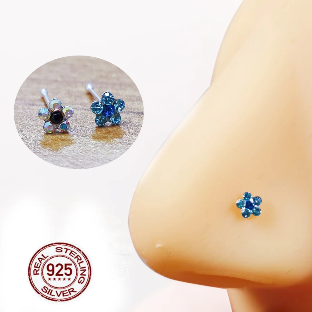 925 Sterling Silver Nostril Piercing Nose Stud Flower Crystal nariz ...