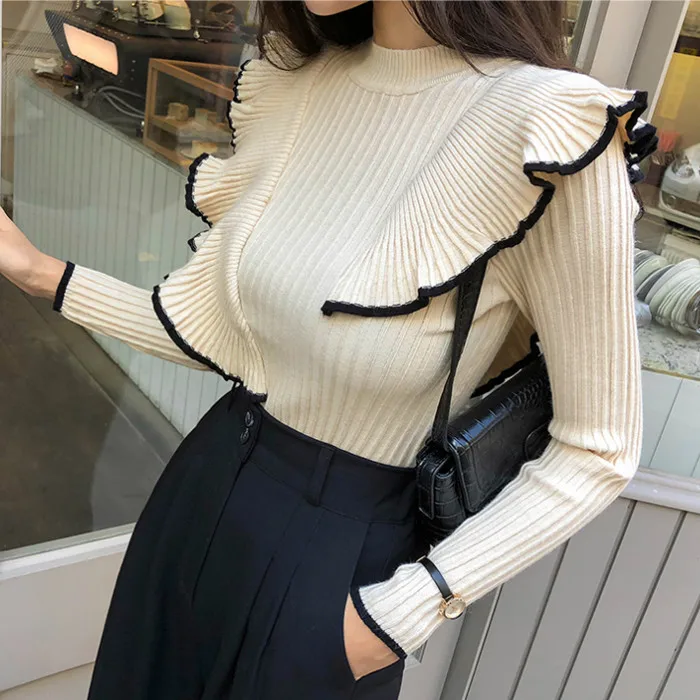 2021 New Vintage Ruffles Short Knitted Sweater Women women sweater O ...