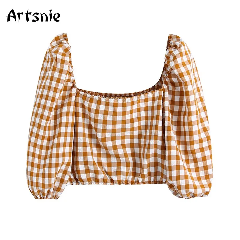 Artsnie Blusa Vintage a cuadros para mujer, Tops cortos ajustados de ...