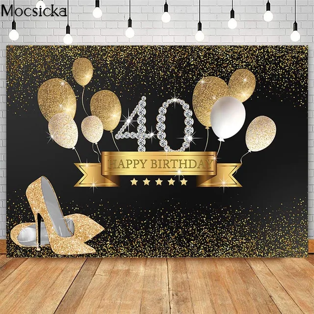 Mocsicka Happy 40th Birthday Backdrop Golden Glitter Balloon Flowers ...