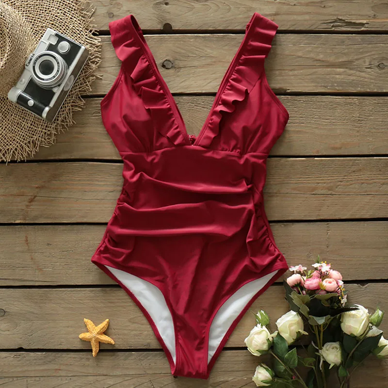 SPORLIKE-Heart-Attack-Falbala-One-piece-Swimsuit-Women-Ruffle-V-neck ...