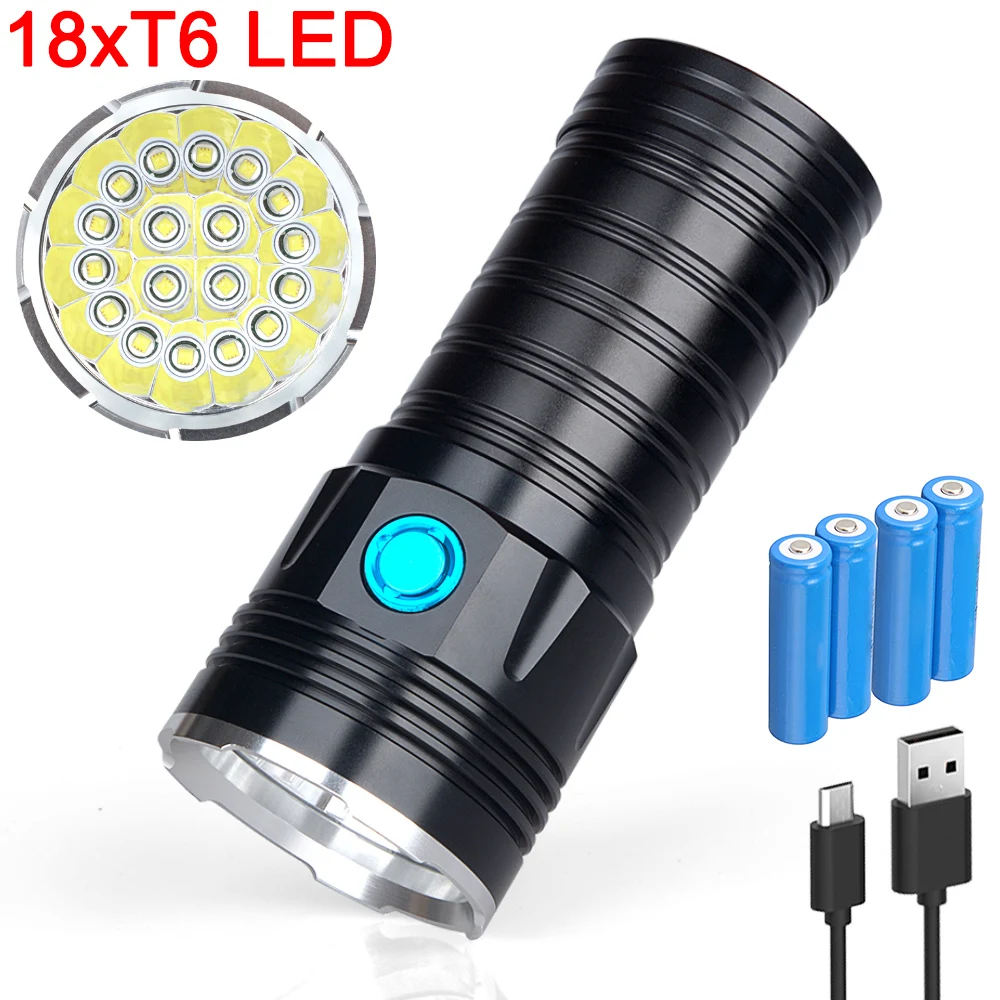 18T6 18 x T6 10000 루멘 LED USB 충전식 손전등 토치, 4x18650 배터리 표시등, USB 출력 휴대 전화|LED 손전등| - AliExpress