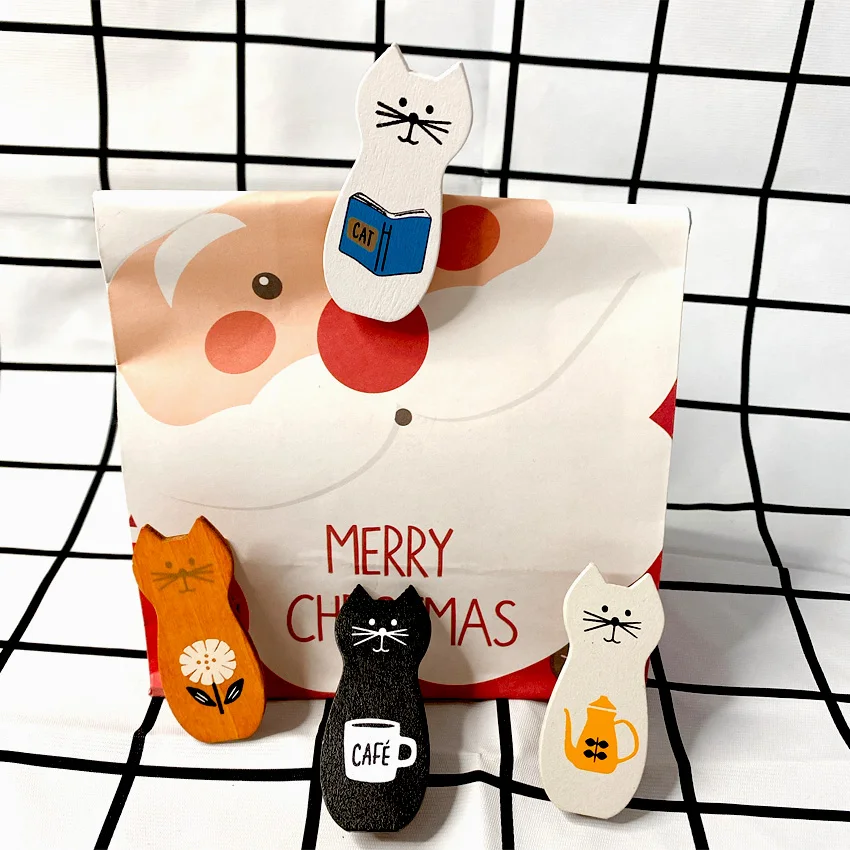 Set of Four Cute Wooden Kitty Clips FREE SHIP USA