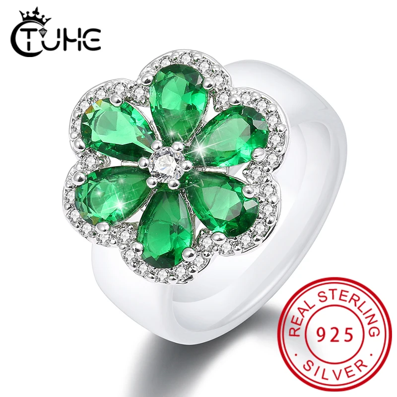 New-925-Sterling-Silver-Flower-Rings-For-Women-With-Green-Crystal ...