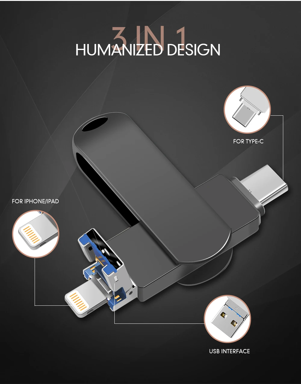 Clé USB,Adaptateur 3 en 1otg pour iPhone 7 8 6 6s Plus X XR Xs 11 Pro ...