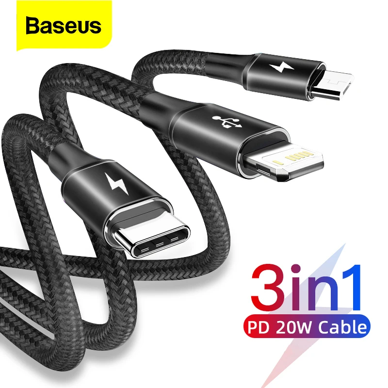 Baseus 3 In 1 Usb C Cable Pd 20w For Iphone X 12 11 3in1 Usb Micro Type ...