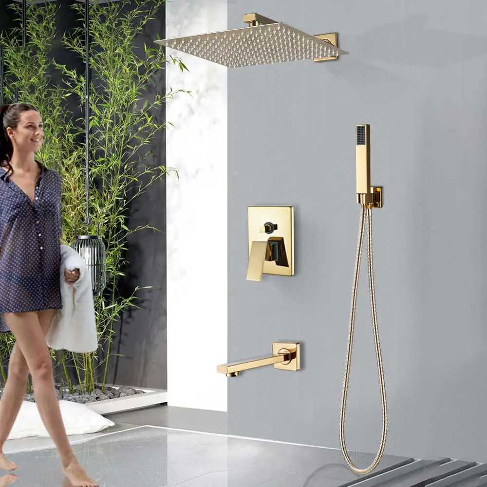 Golden Rainfall Shower Faucet Set Wall Mount Stainless Steel 8/10/12" Head Shower Mixer Tap ...