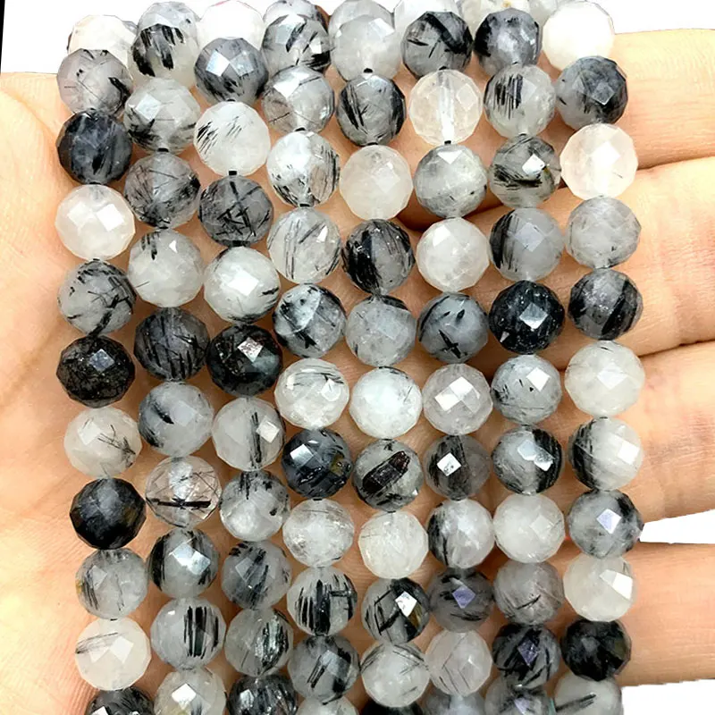 YWROLE-100-Natural-Black-Tourmaline-Hair-Quartz-Faceted-Round-Stone ...