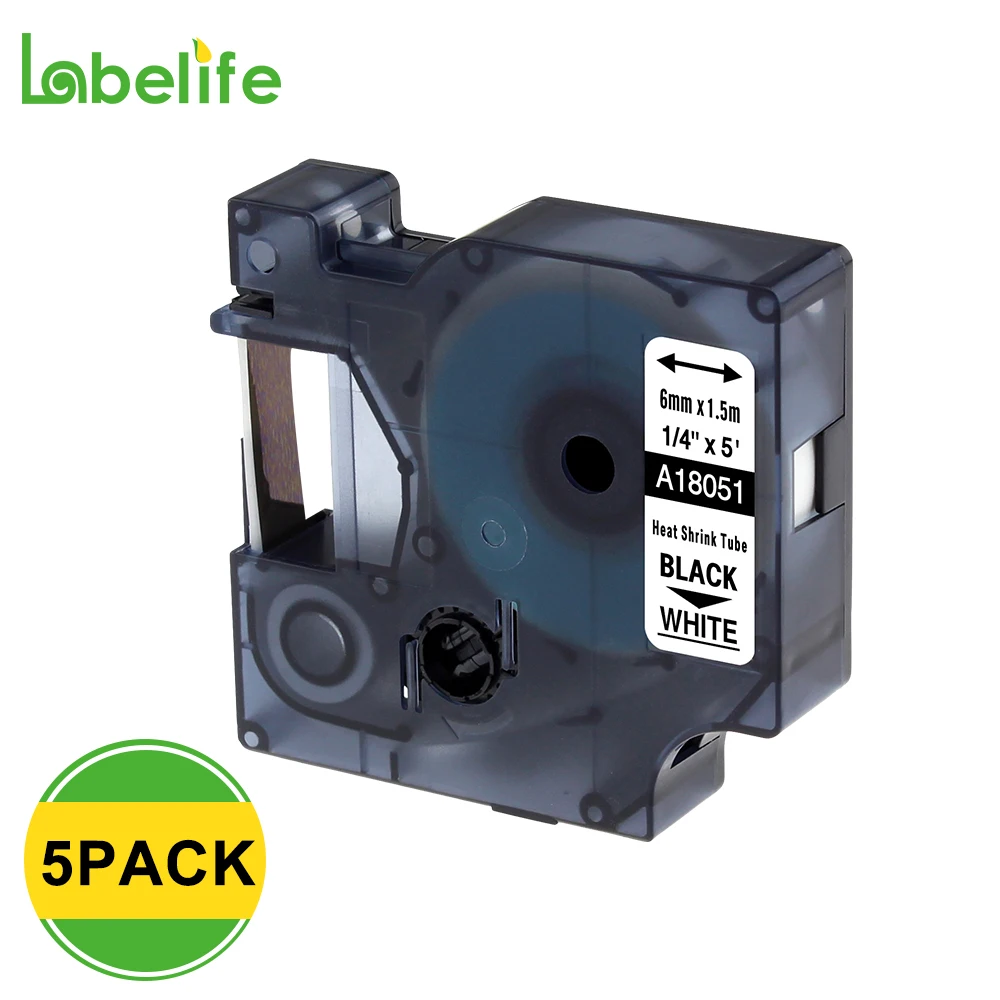Labellife 5 팩 18051 흰색 바탕에 검은 색 6mm DYMO Rhino IND 열 수축 튜브 라벨라이터 ...