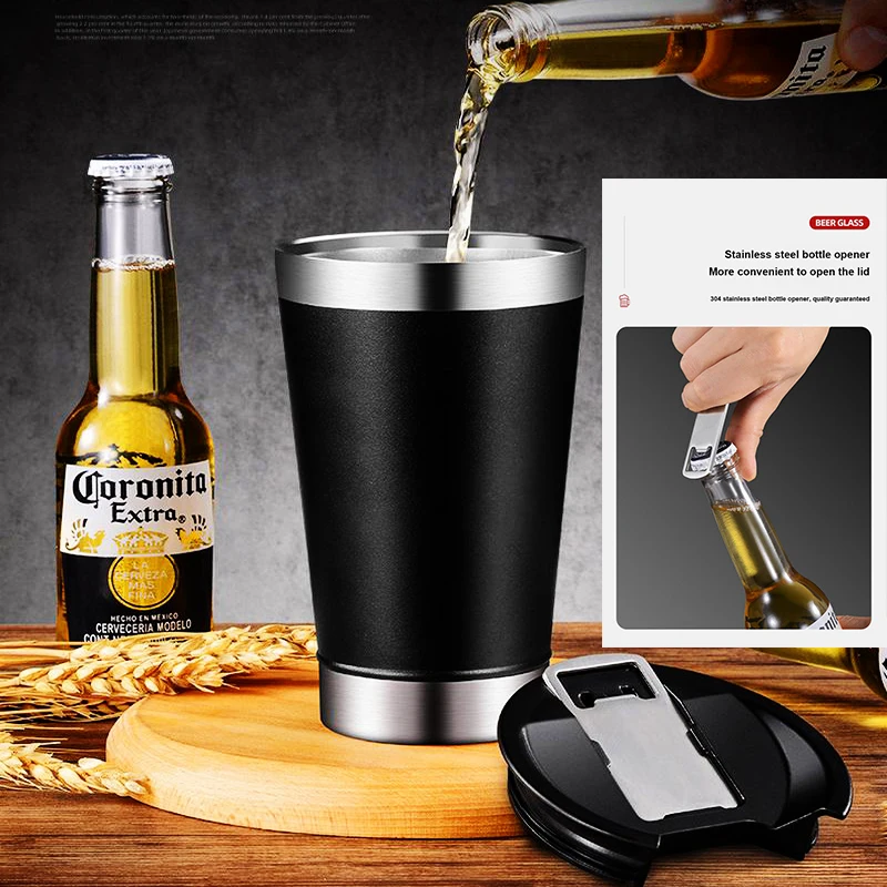 473ml Beer Cups Thermal Cup With Bottle Opener Lid Stainless Steel ...