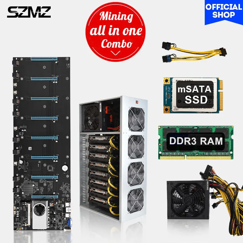 SZMZ 8 Gpu Mining Motherboard with CPU and SSD 128GB DDR3 + 8GB RAM ...