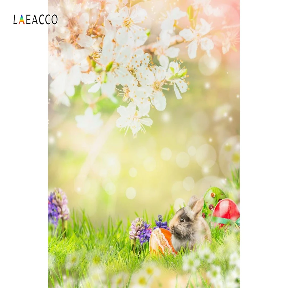 Laeacco Spring Bokeh Flowers Easter Eggs Grassland Photo Backgrounds ...
