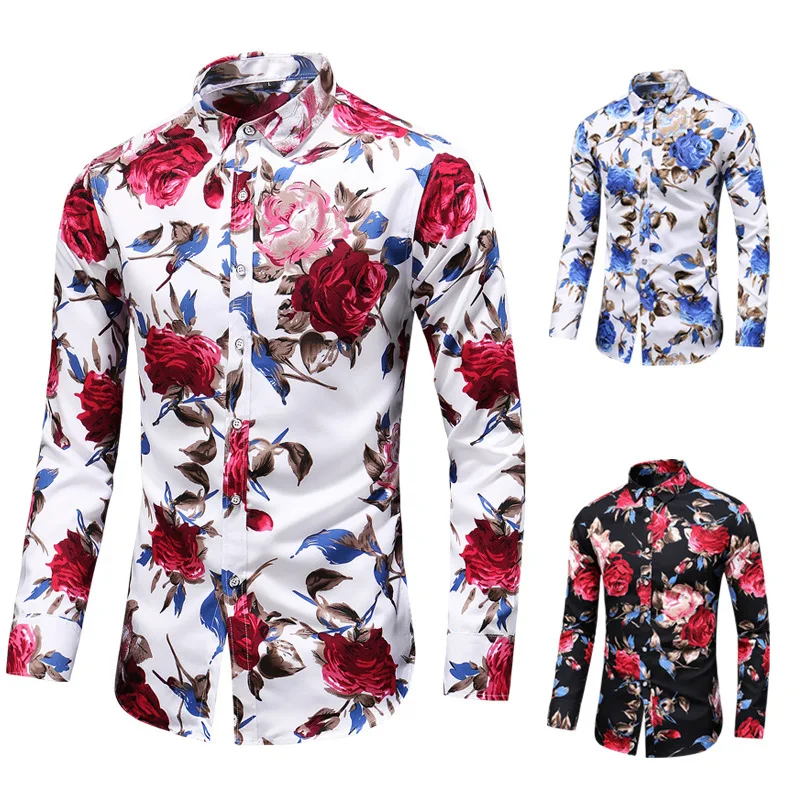 Red Rose Floral Dress Shirts for Men Cotton Tuxedo Shirt Long Sleeve ...