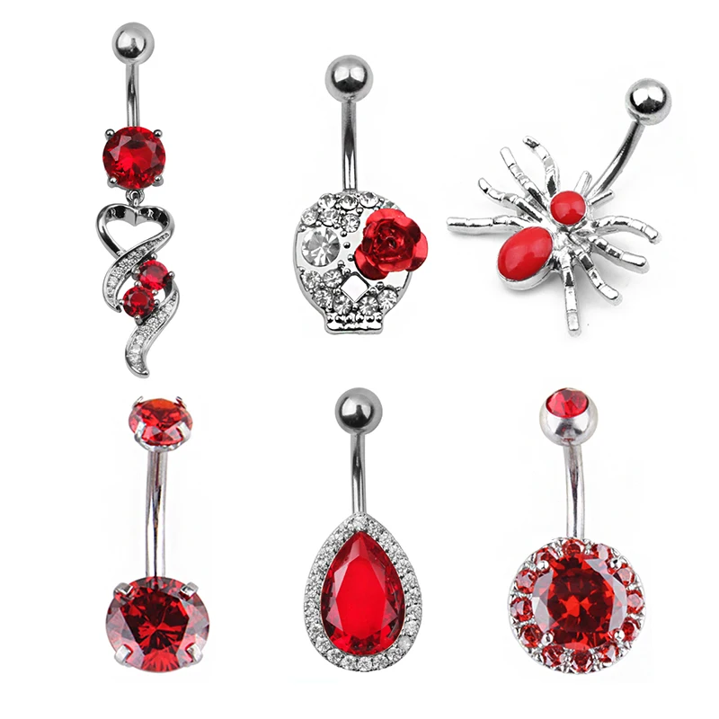 Red CZ Steel Navel Piercing Belly Button Rings Dangled 6 Styles 14G ...
