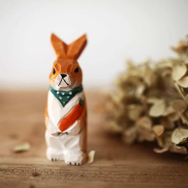 Hand-carved-woodcarving-bunny-ornaments-animal-wooden-rabbit-tabletop ...