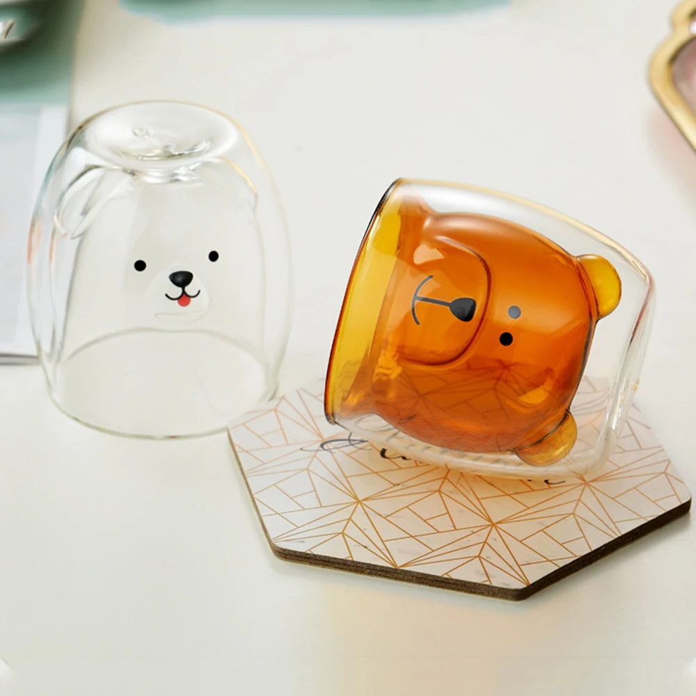 귀여운 곰 모양의 이중 투명 유리 절연 컵 아침 우유 주스 음료 커피 컵 어린이 커플 휴일 선물 컵 머그컵 유리컵 와인잔 커피잔