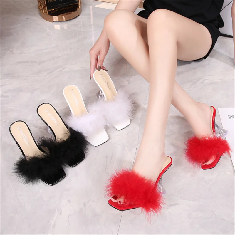 High Heel Slippers With Fur