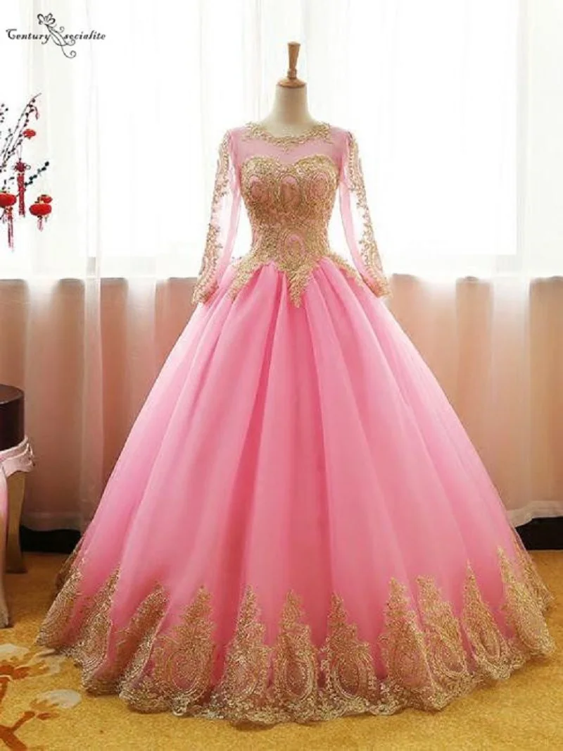 Vestido de baile rosa de quinceañera, dulce vestido de 16 mangas largas ...