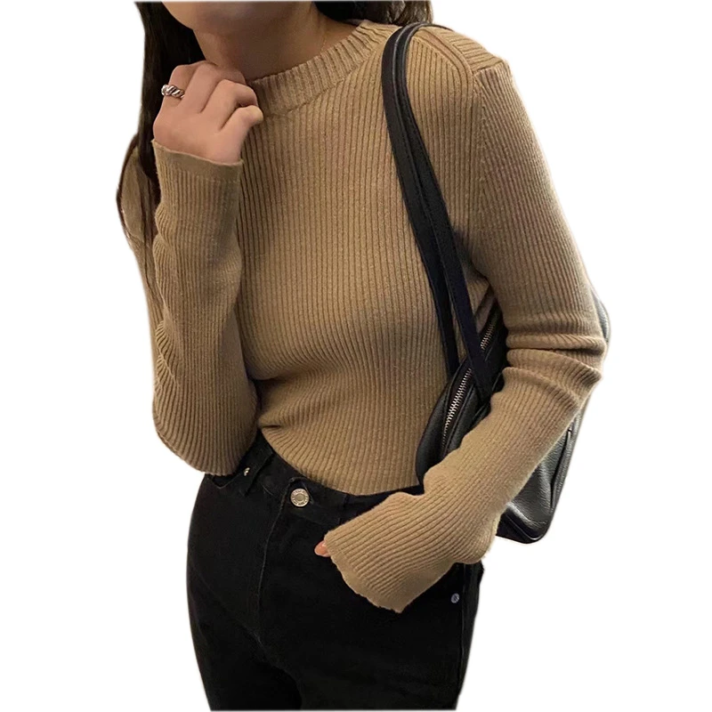 Slim Ribbed Cotton Sweater Tops Women Basic Pullover Mock Neck Knitted Autumn Jumper Solid ...