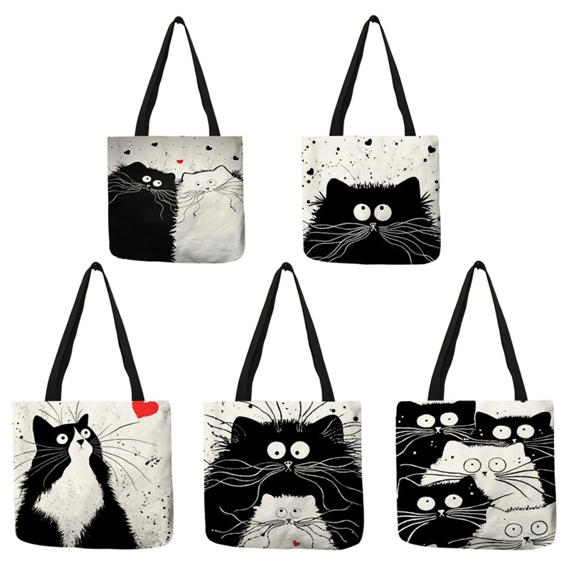 Customized Tote Shopping Bag Cute Cat Printing Women Handbag Linen ...