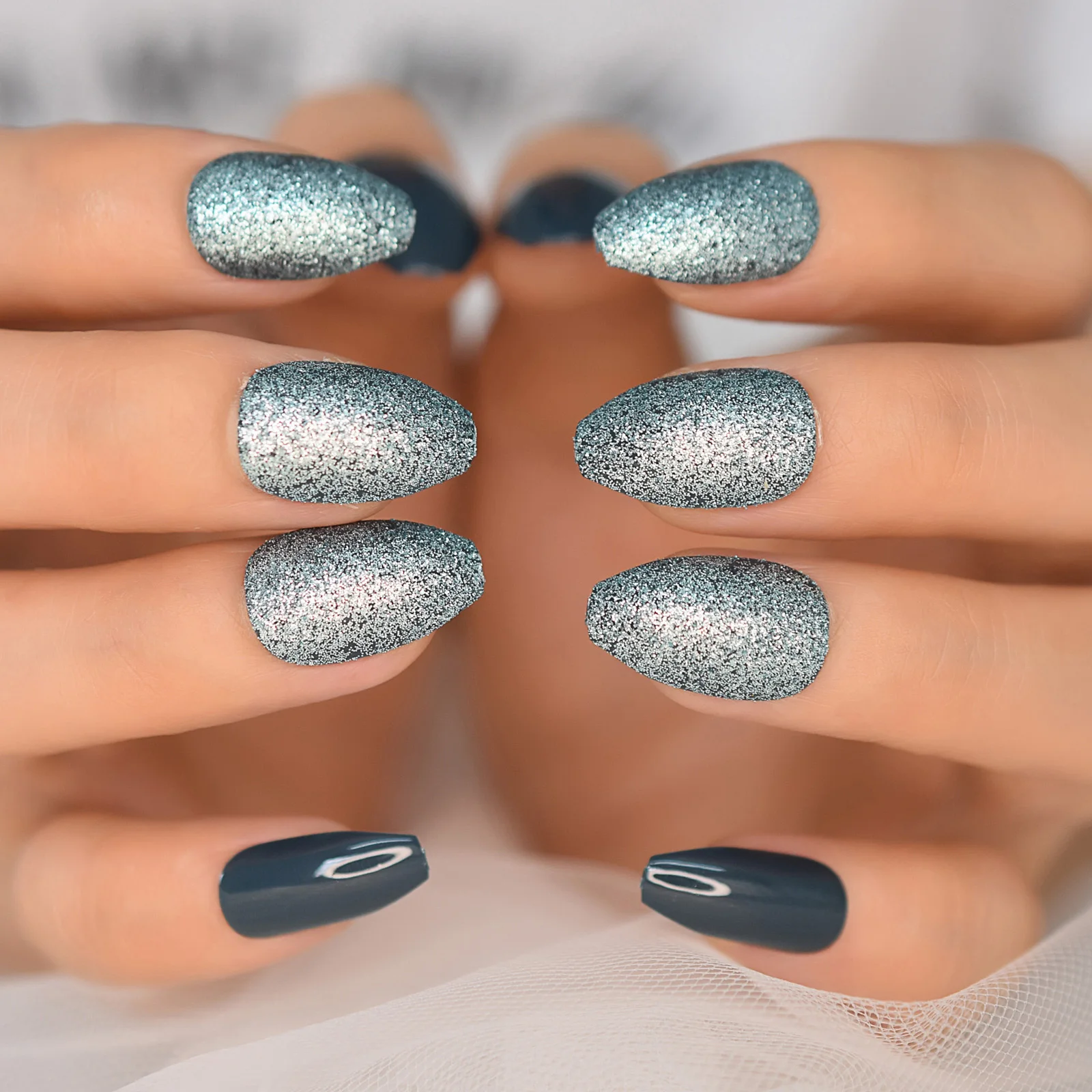 Blue And Silver Glitter Acrylic Nails