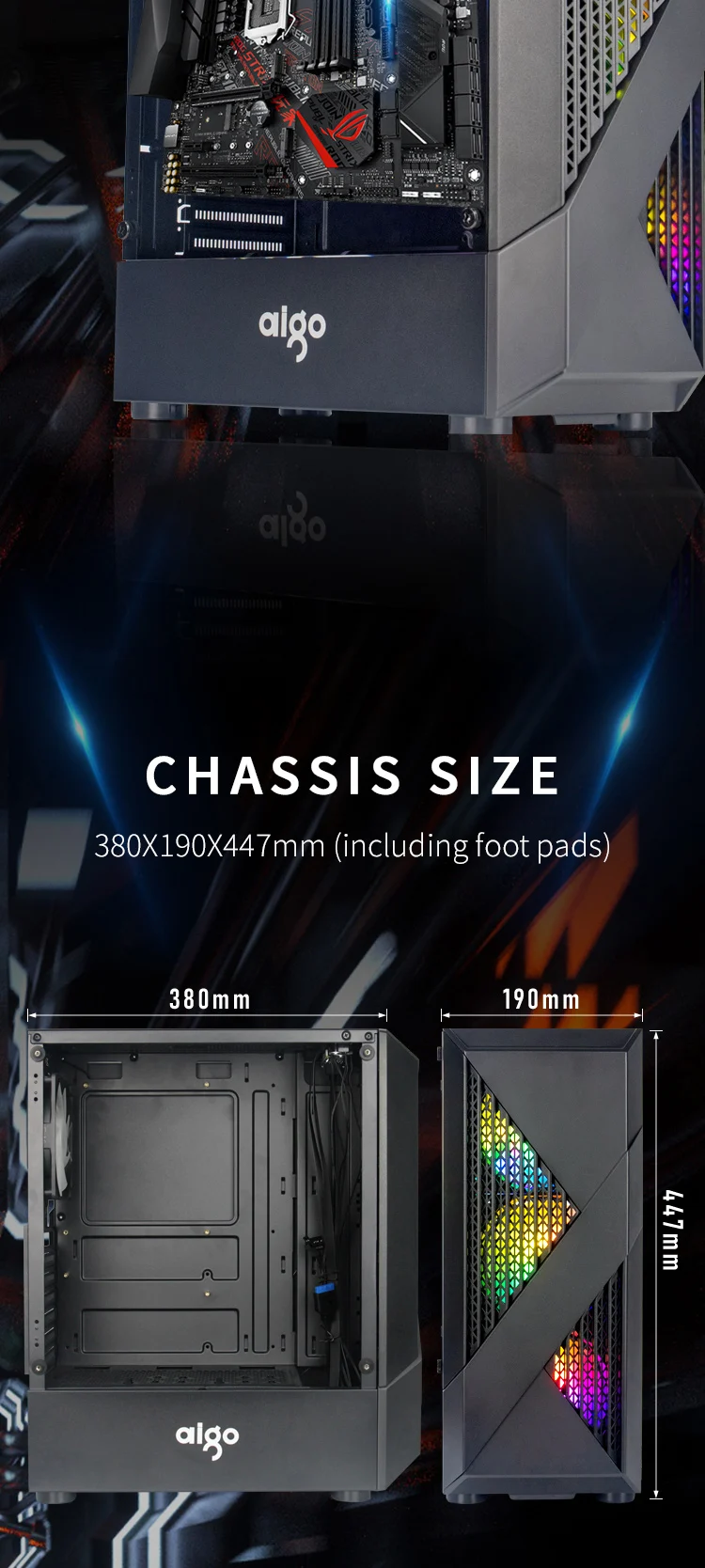 Aigo pc 데스크탑 컴퓨터 케이스, 12cm rgb 팬 방진 gabinete pc 게이머 컴플리트 atx 강화 유리 섀시 ...