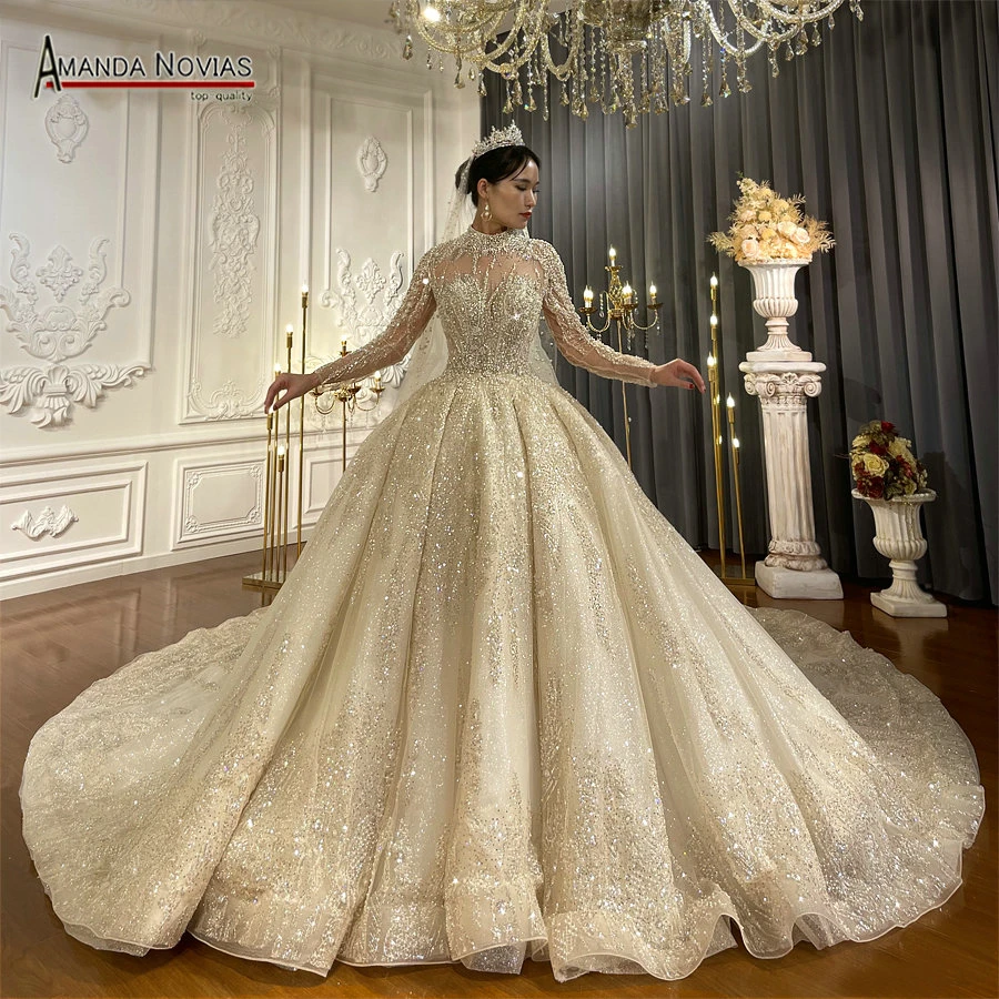 Sparkling Beading Wedding Gowns With High Neckline Amanda Novias ...