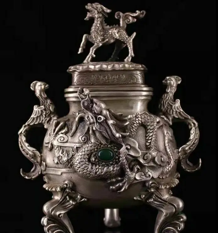 Old China Bronze Silver inlay Gem Kylin Dragon Phoenix incense burner ...
