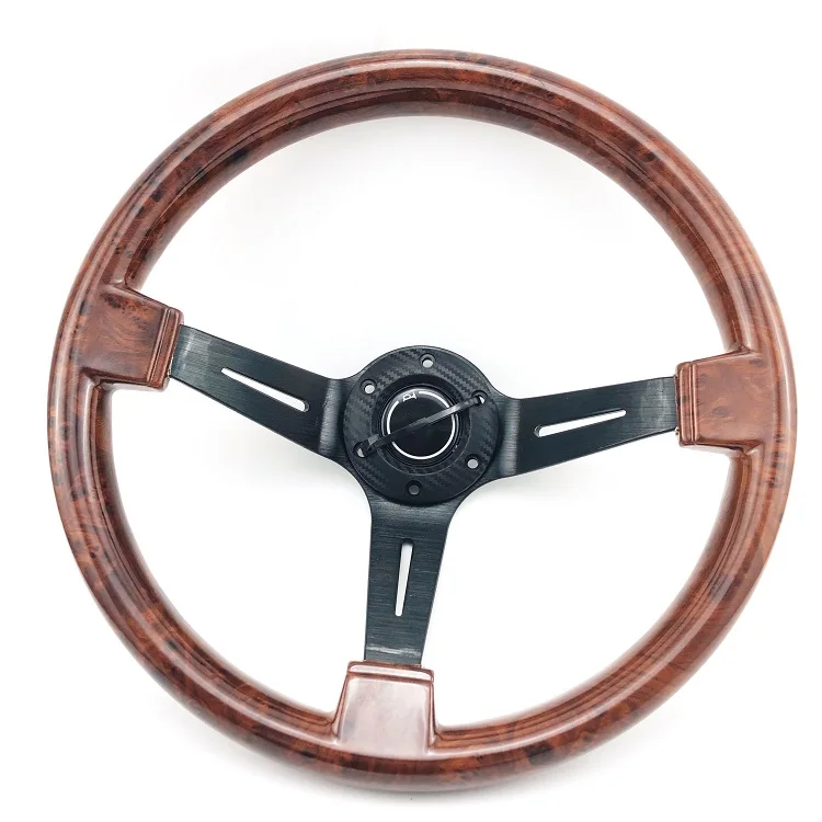Volante de coche con 6 pernos, grano de madera marrón, radios negros ...