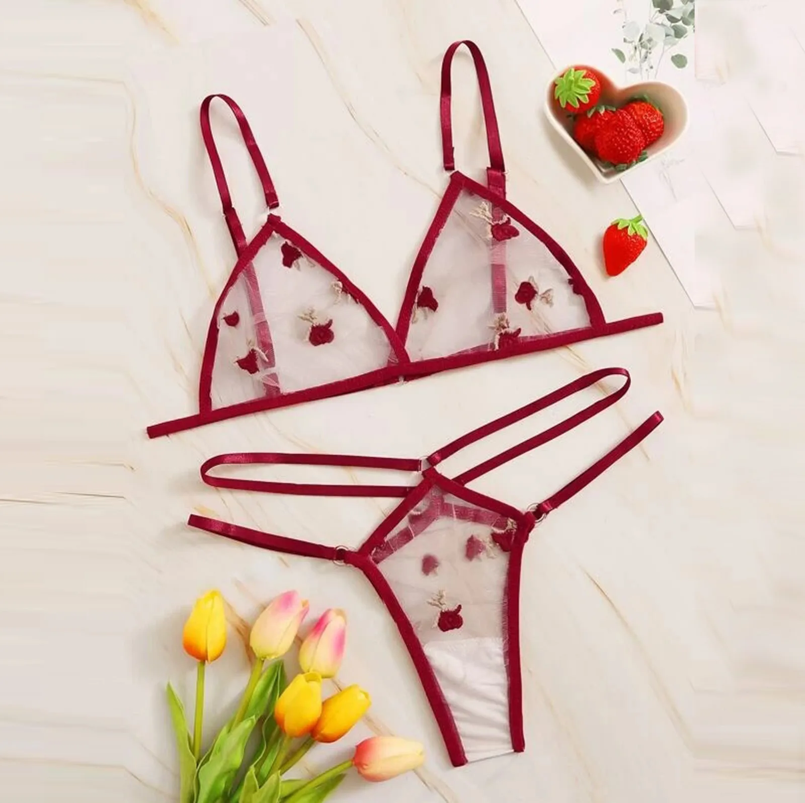 Female Fashion Sexy See through Lace Embroidery Suspender Underwear Set ...