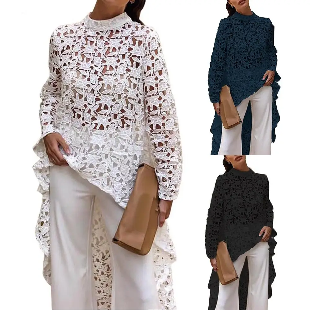 Blouse Spring Autumn Fashion Women Solid Color Hollow Out Lace Blouse ...