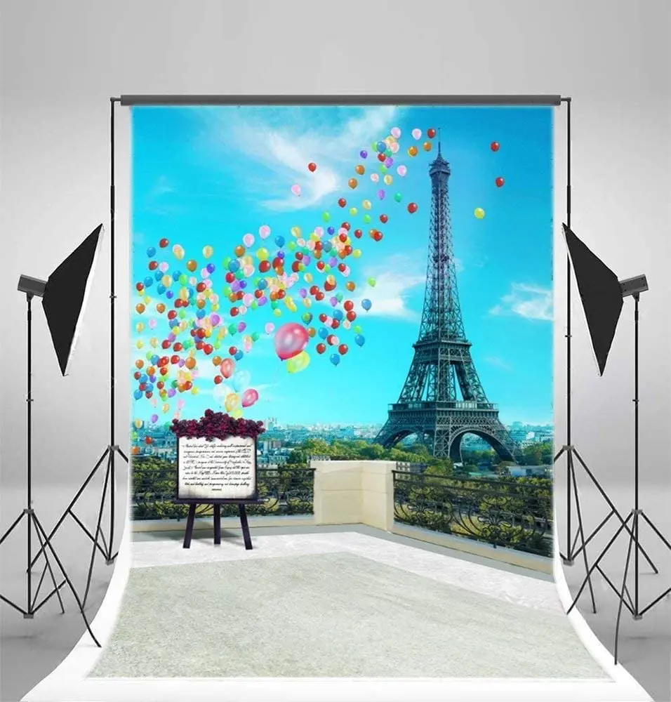 Vinyl Photography Backdrop Romantic Paris Eiffel Tower Scenery Balloons ...