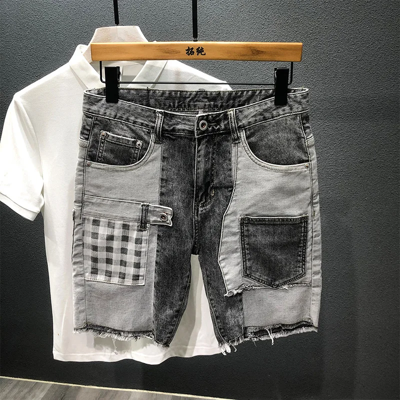Summer-Gray-Denim-Shorts-Knee-Length-Patchwork-Lattice-Pocket-Design ...