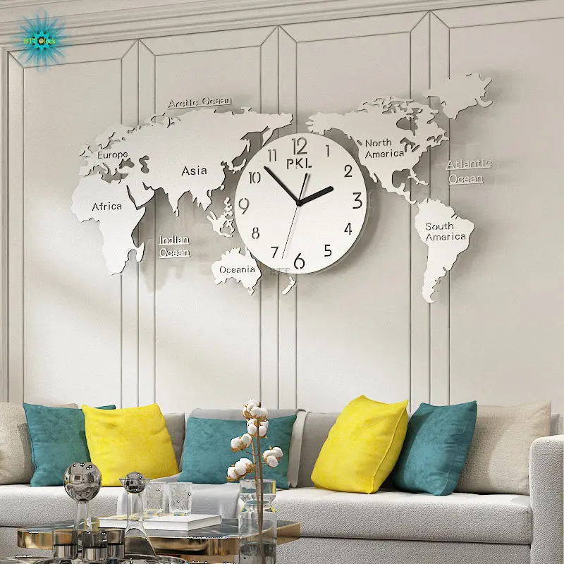 World Map Large Wall Clock Modern Design 3D Stickers Hanging Clocks ...