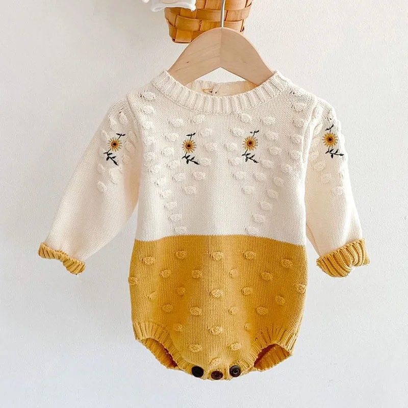 Spring Baby Girl Rompers Girl Long Sleeves Knit Sunflower Embroider ...