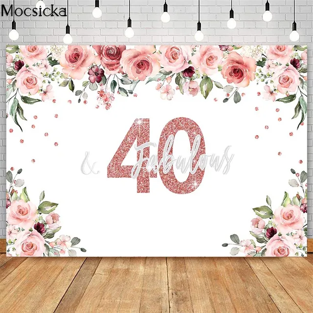 Mocsicka Happy 40th Birthday Backdrop Golden Glitter Balloon Flowers ...