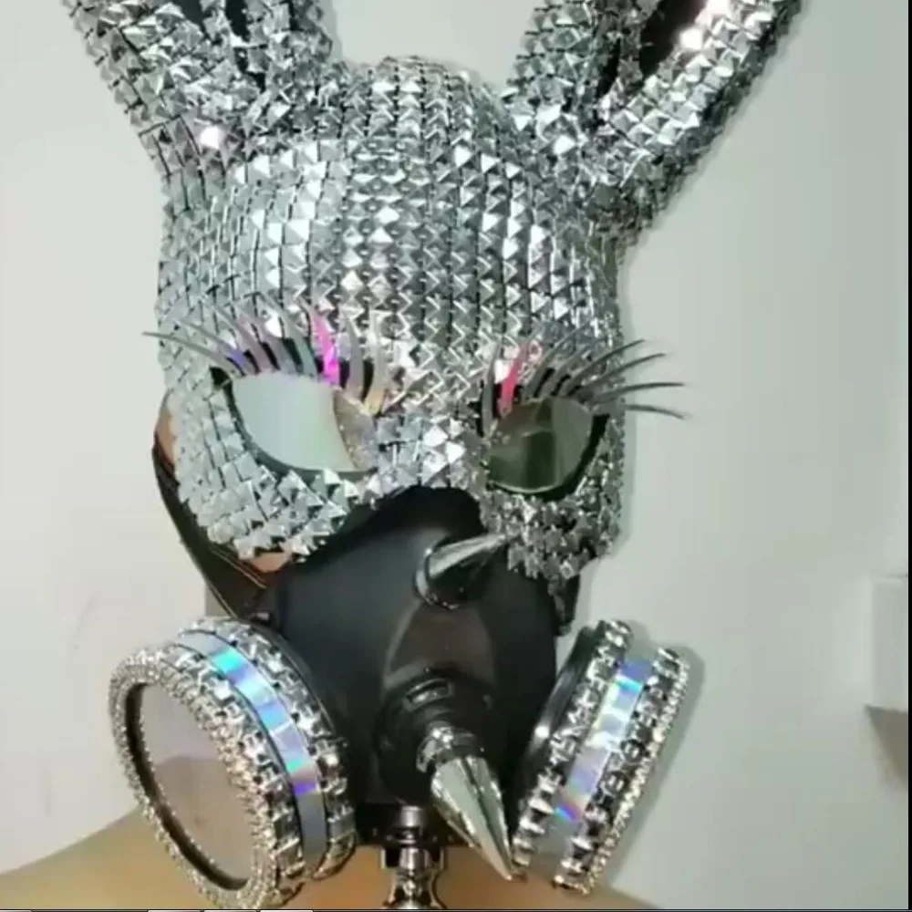 Rivet bright diamond bunny mask gogo men women DJ collar dance stage ...