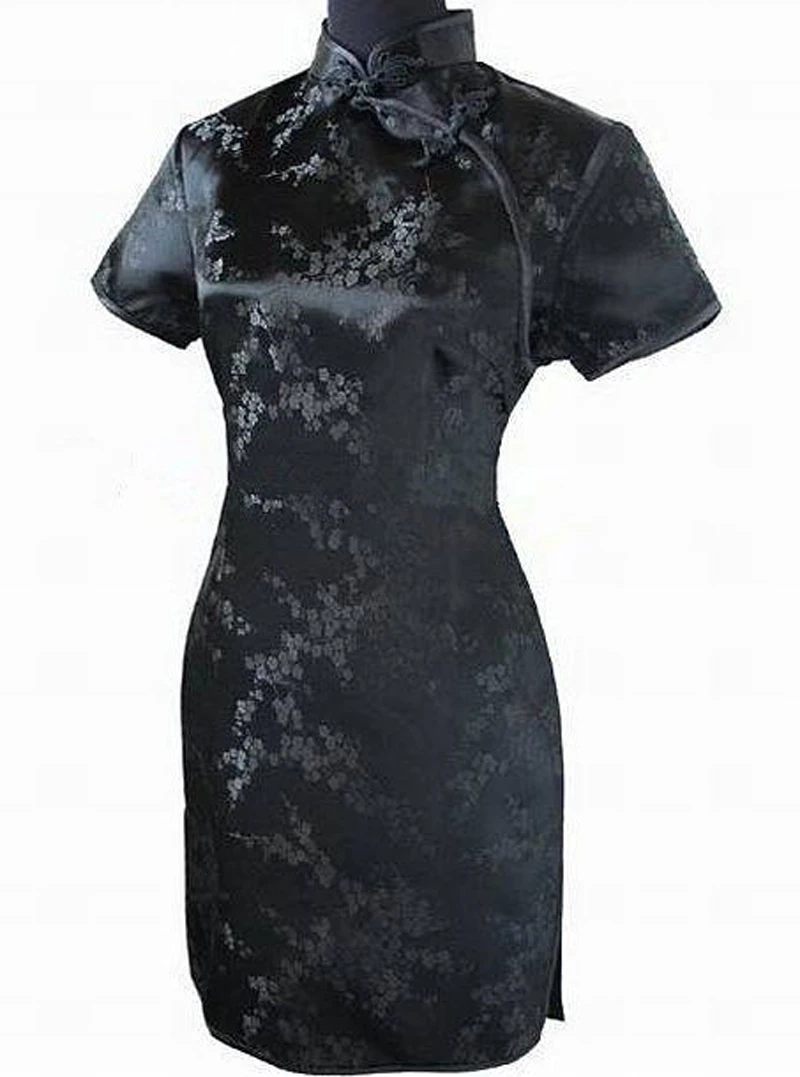 Exquisite Flower Women Mini Qipao Elegant Black Mandarin Collar ...