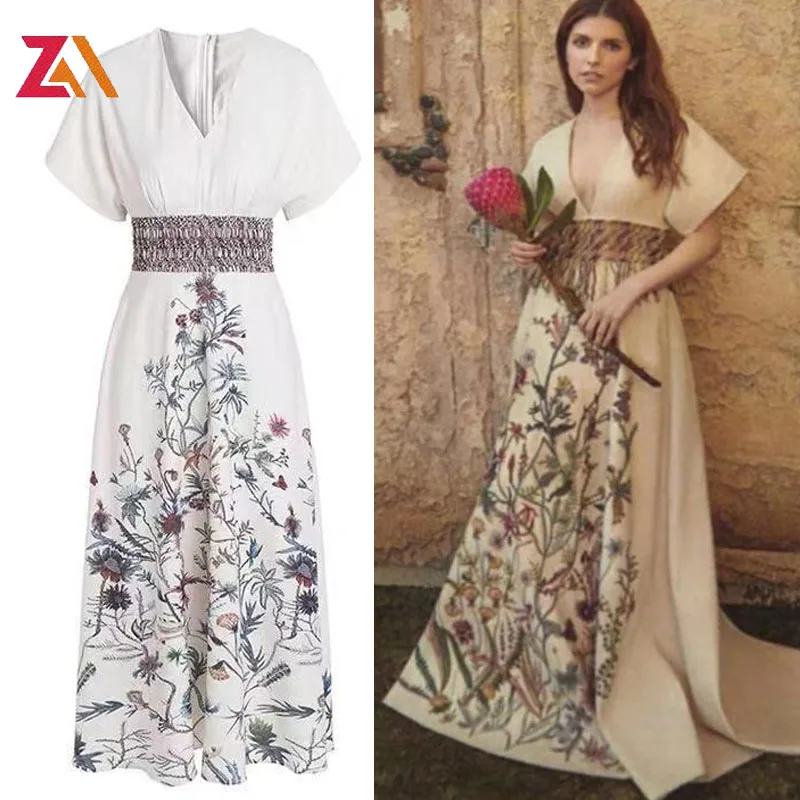 ZALady 디자이너 활주로 여성 미디 롱 드레스 여성 의류 빈티지 인쇄 v 목 높은 허리 탄성 드레스 Vestidos ...