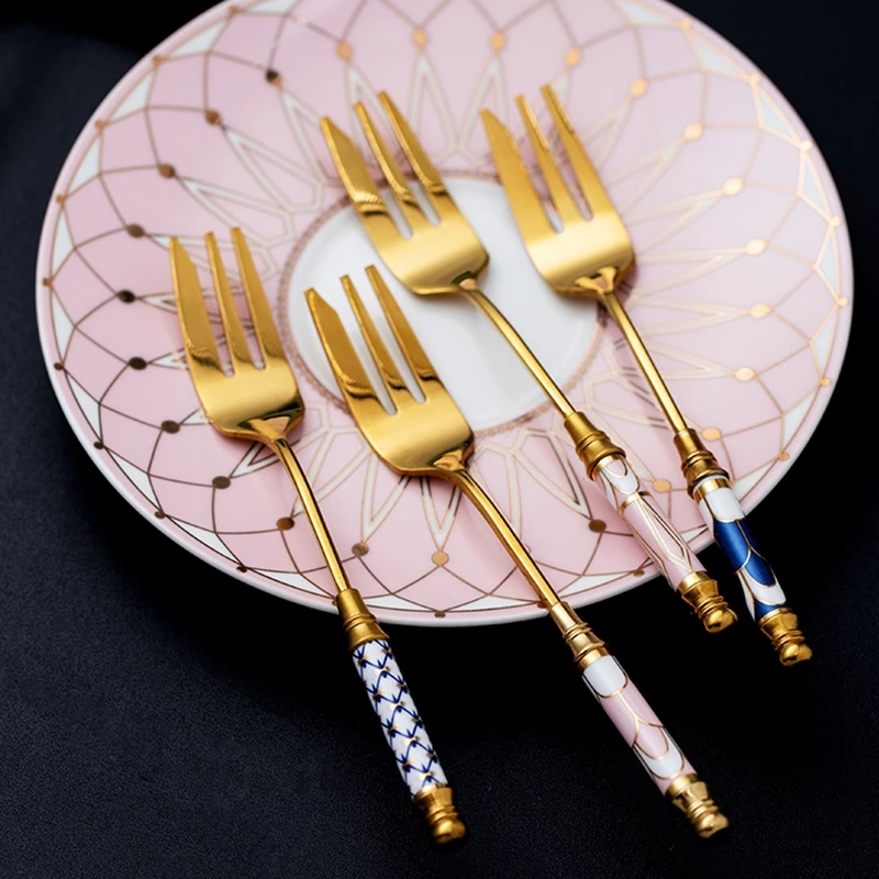 Vintage Cultery Stainless Steel Golden Cake Fork Dessert Fruit Fork ...