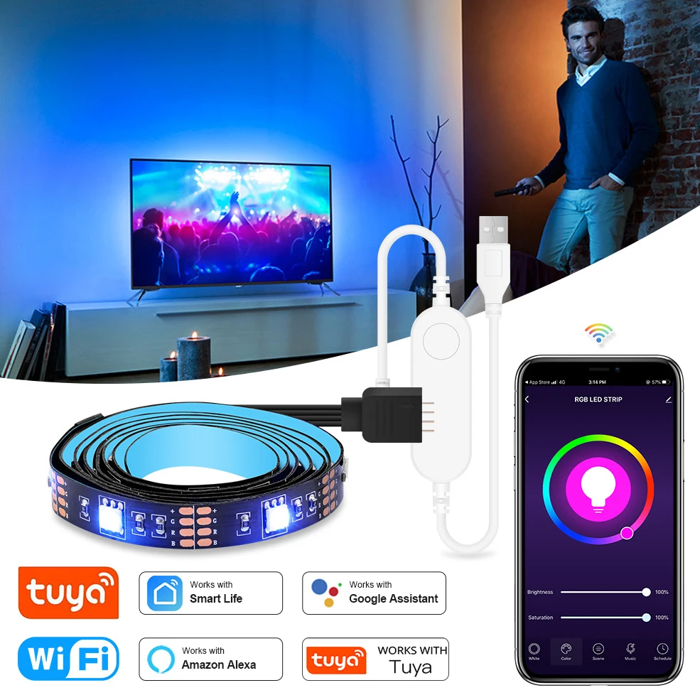 USB TV Led Strip Light RGB Tape Tuya Smart Wifi Flexible Light Lamp ...