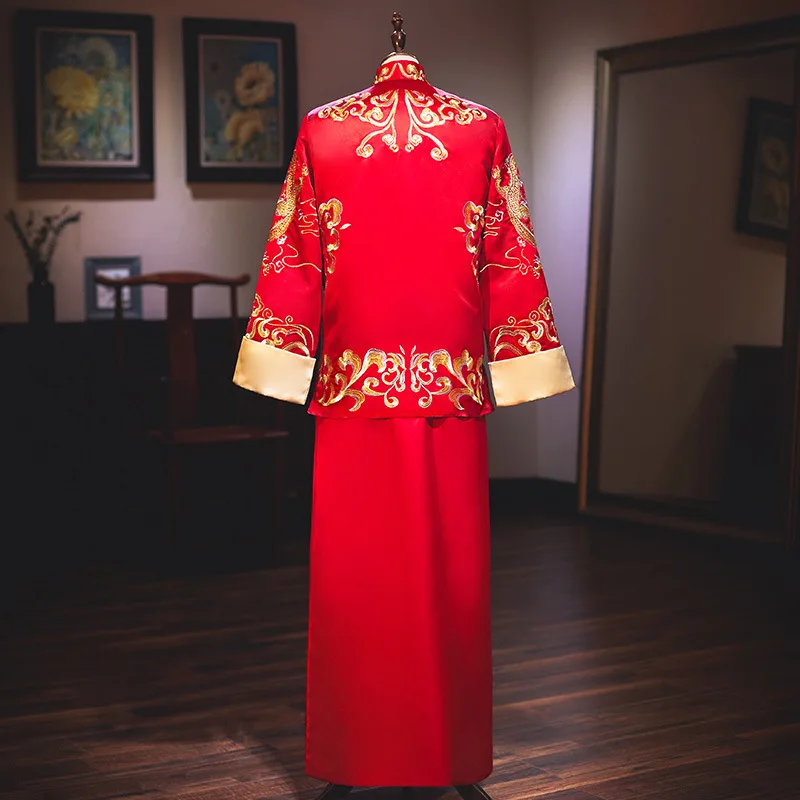 male red cheongsam toast costumes grooms dress jacket long gown ...