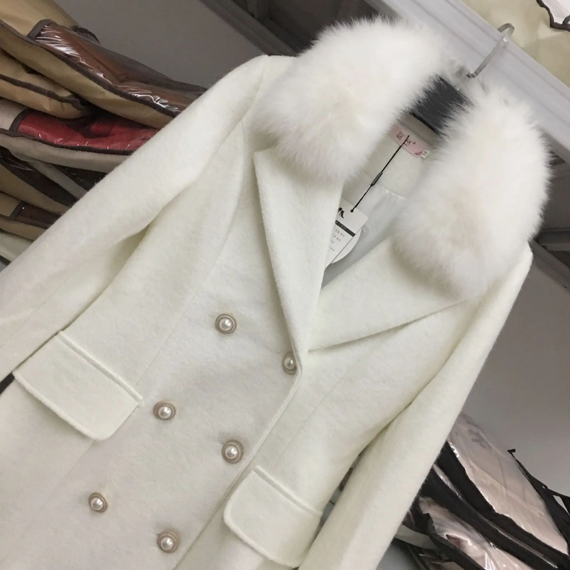 Зимнее модное женское Шерстяное Пальто имитация большого лисьего меха воротник белое кашемировое ...