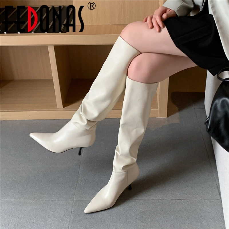 Fedonas 2021 Top Quality Genuine Leather Knee High Boots Concise Female Pointed Toe High Heels ...