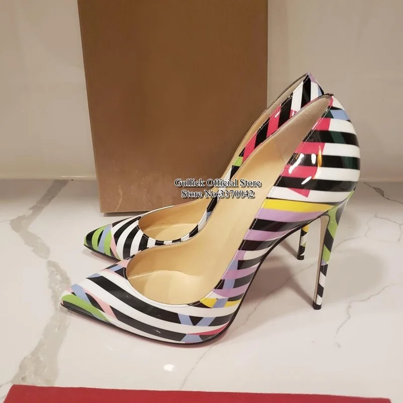 Sexy Multicolor Striped Patent Leather Heel Pumps Pointed Toe 12CM 10CM ...