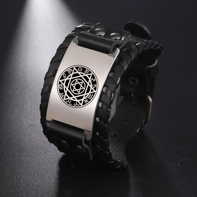 LIKGREAT Zodiac Star of David Men's Wide Leather Wrist Bracelets Magen ...