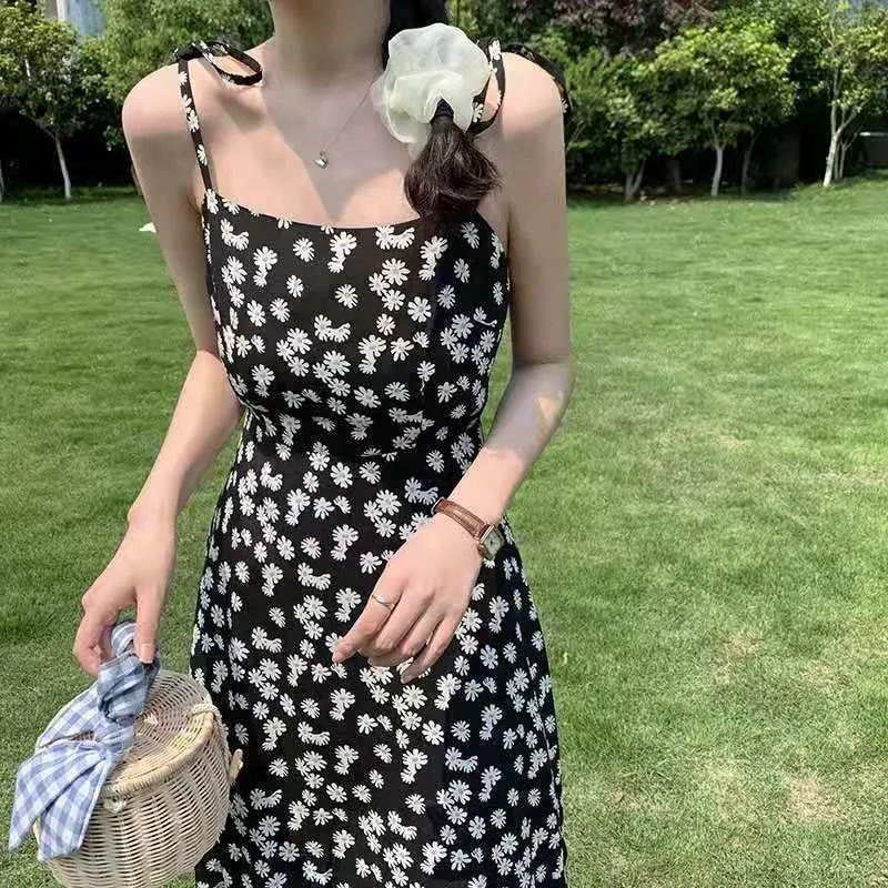 Doce margarida vestido floral cottagecore sem mangas praia férias ...