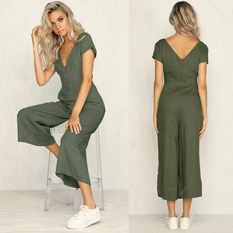 New Summer Women Jumpsuit Solid Color Deep V neck Sexy Sleeveless ...