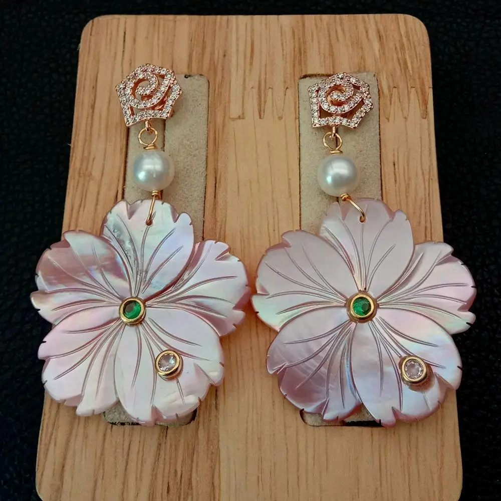 YYGEM natural Carved Pink Mop Shell Flower drop White Freshwater Pearl ...