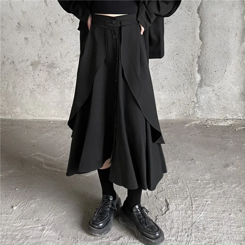 Design Gothic Double Layer Irregular Skirt Harajuku Asymmetrical High Waist Loose Fit Long ...